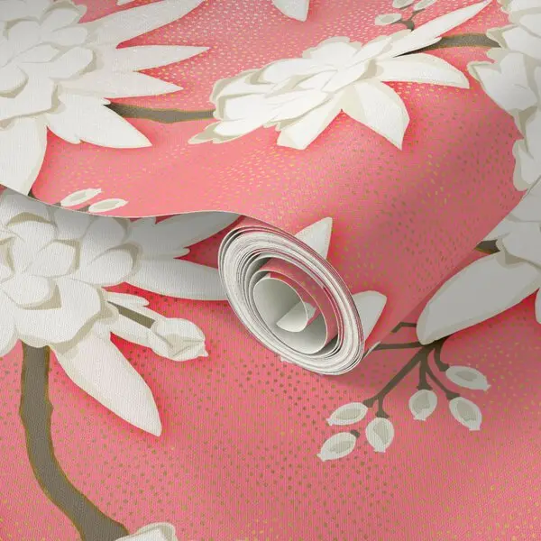 Spoonflower Chinoiserie Pink White Peonies Paeonia Gold Custom Pre-pasted Wallpaper - Pink,white,beige