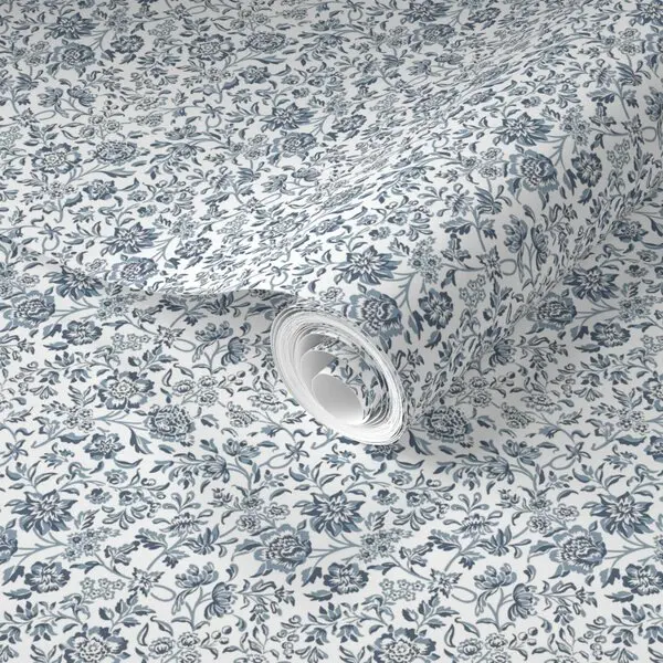 Spoonflower Ditsy White Floral Flowers Small Doll Scale Custom Pre-pasted Wallpaper - Blue