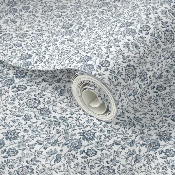 Spoonflower Ditsy White Floral Flowers Small Doll Scale Custom Pre-pasted Wallpaper - Blue