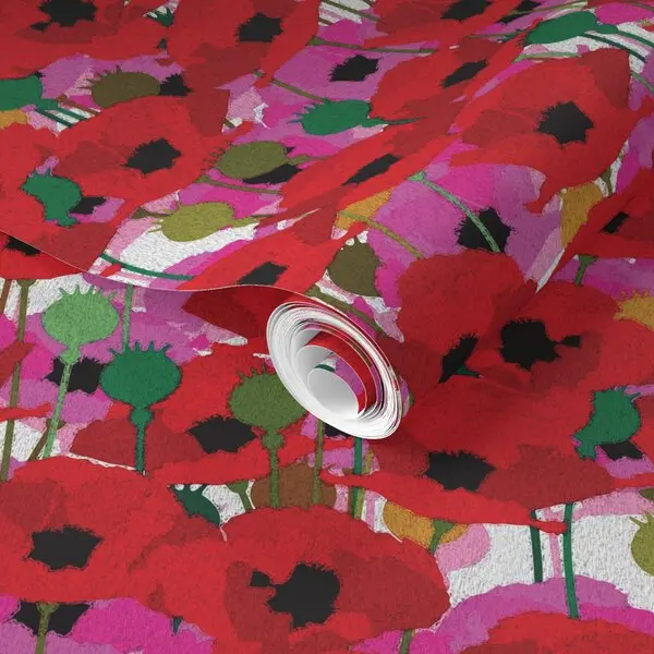 Spoonflower Poppies Flowers Blossom Red Nature Floral Spring Custom Removable Wallpaper - Red,pink,green