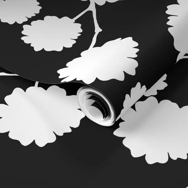Spoonflower Black Flowers Blossom White Nature Graphic Floral Traditional Wallpaper - Black,white,gray