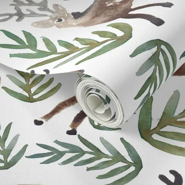 Spoonflower Green Loved Large Deer Rustic Country Christmas Custom Removable Wallpaper - Green,brown,gray