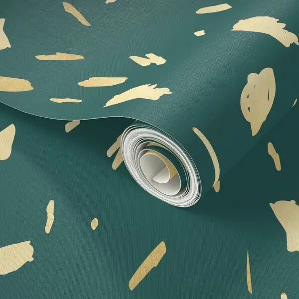 Spoonflower Gold Paint Deep Green Boho Modern Abstract Custom Removable Wallpaper - Green,blue