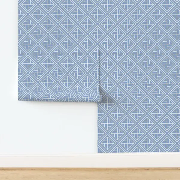 Spoonflower Asian Geometric Periwinkle Soft And White Traditional Wallpaper