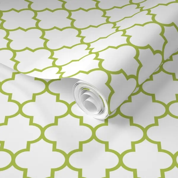 Spoonflower Green Lime Moroccan Tile Lattice Trellis Custom Removable Wallpaper - Green,gray