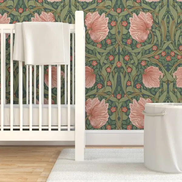 Spoonflower Floral Victorian William Morris Arts And Crafts Traditional Wallpaper - Green
