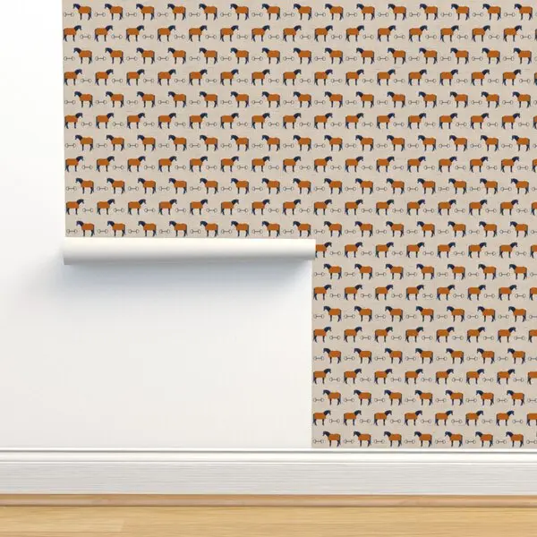 Spoonflower Blankets And Bits Horses Small Scale 100% Natural Sisal Grasscloth Wallcovering