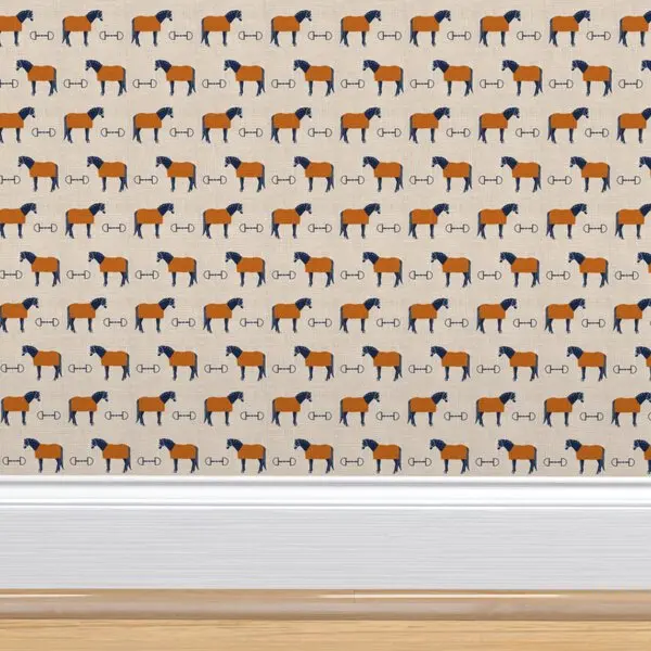 Spoonflower Blankets And Bits Horses Small Scale 100% Natural Sisal Grasscloth Wallcovering