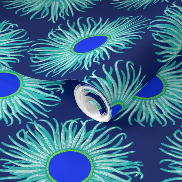 Spoonflower Blue Fish Waves Tropical Ocean Jellyfish Sea Life Custom Pre-pasted Wallpaper - Teal,mint,blue