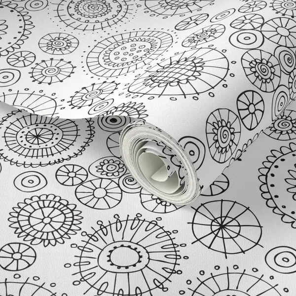 Spoonflower Black And White Flower Flowers Floral Blooms Line Custom Pre-pasted Wallpaper - Black,white,gray
