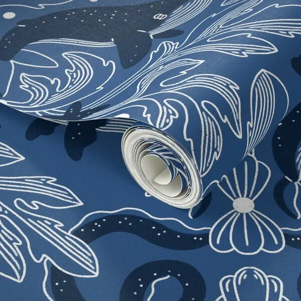 Spoonflower Nautical Damask Pattern Whales Vintage Stars Traditional Wallpaper