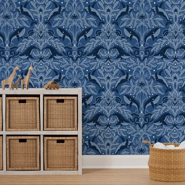 Spoonflower Nautical Damask Pattern Whales Vintage Stars Traditional Wallpaper