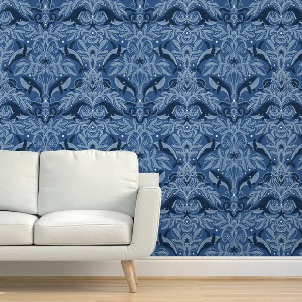Spoonflower Nautical Damask Pattern Whales Vintage Stars Traditional Wallpaper