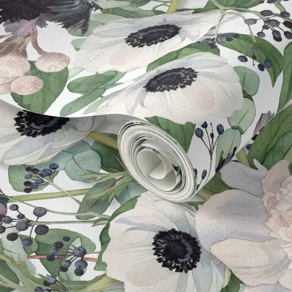 Spoonflower Berries Mint Wedding Bridal White Flowers Custom Pre-pasted Wallpaper - Gray,green