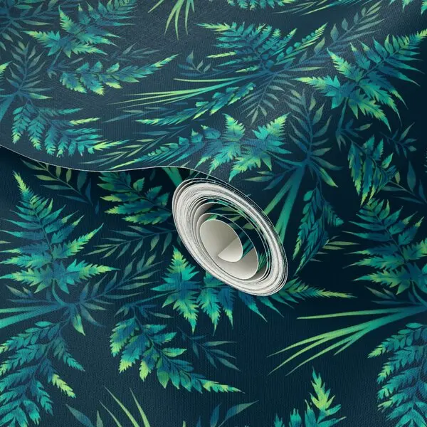 Spoonflower Fern Leaves Green Leaf Jungle Emerald Watercolor Custom Removable Wallpaper - Green,blue