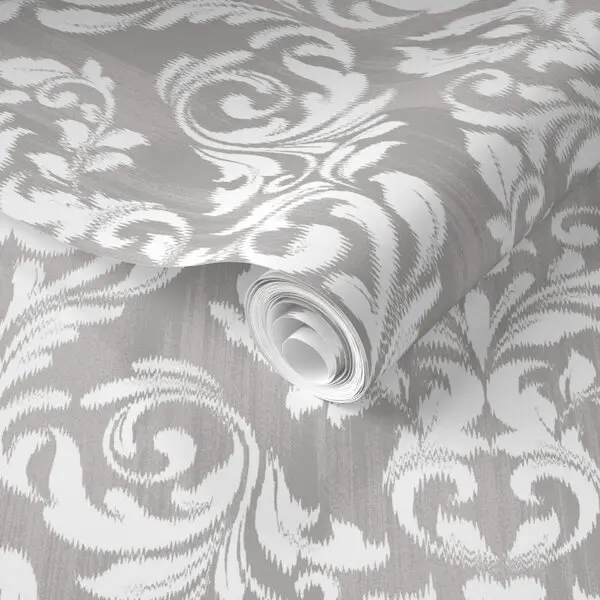 Spoonflower Damask Ikat Gray Modern Traditional Wallpaper - Gray,white