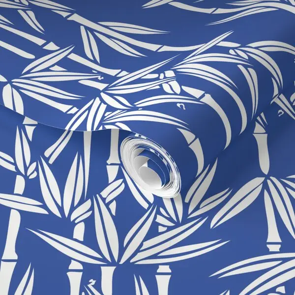 Spoonflower Chinoiserie Blue Tropical Botanical Chinese Custom Pre-pasted Wallpaper - Blue,white
