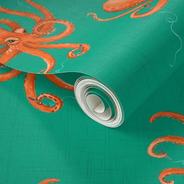Spoonflower Squid Ocean Octopus Creature Animal Funny Custom Pre-pasted Wallpaper - Coral,green,brown