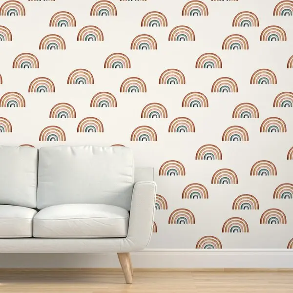 Spoonflower Big Rainbows Beige Neutral Custom Pre-pasted Wallpaper - Rainbow