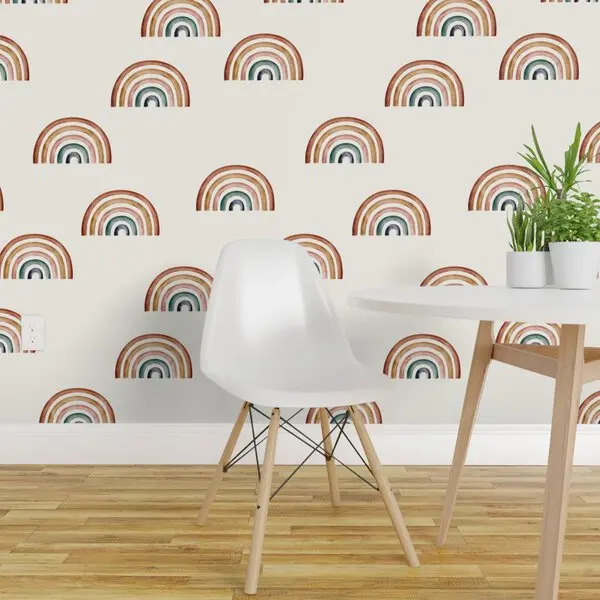 Spoonflower Big Rainbows Beige Neutral Custom Pre-pasted Wallpaper - Rainbow