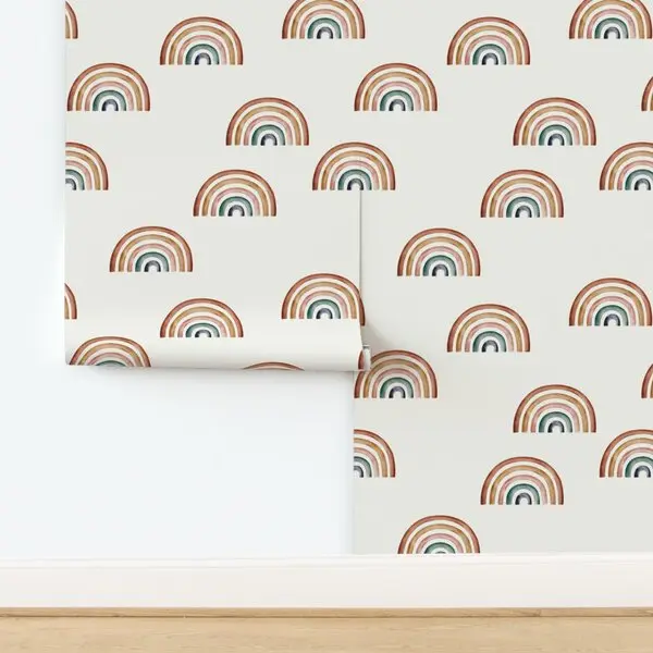Spoonflower Big Rainbows Beige Neutral Custom Pre-pasted Wallpaper - Rainbow
