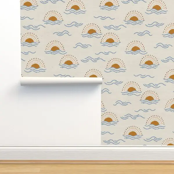 Spoonflower Boho Sun And Waves Neutral Background 100% Natural Sisal Grasscloth Wallcovering