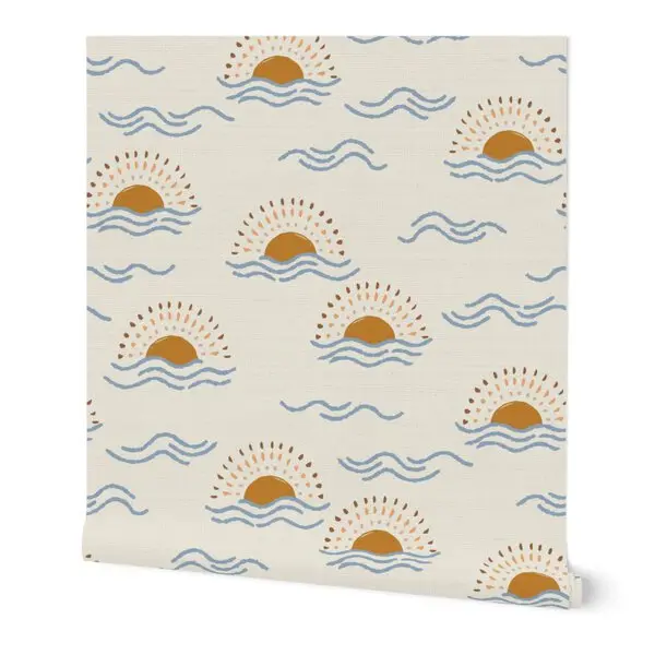 Spoonflower Boho Sun And Waves Neutral Background 100% Natural Sisal Grasscloth Wallcovering