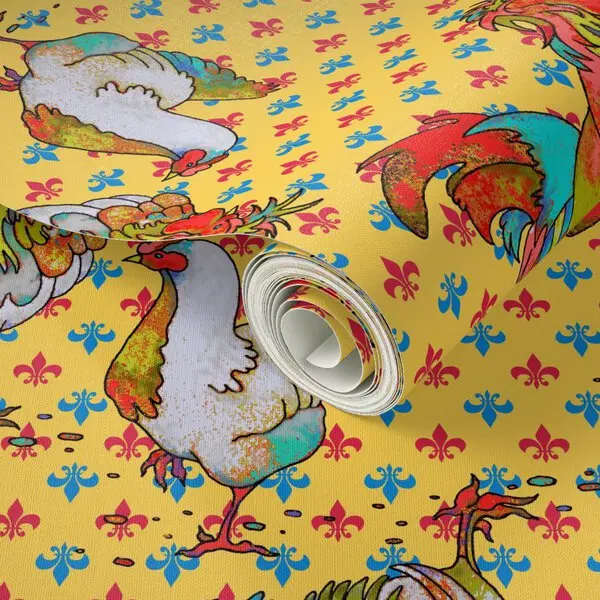 Spoonflower Chickens Fleur De Lis Farm Animals Rooster Farming Custom Pre-pasted Wallpaper - Yellow,blue,red