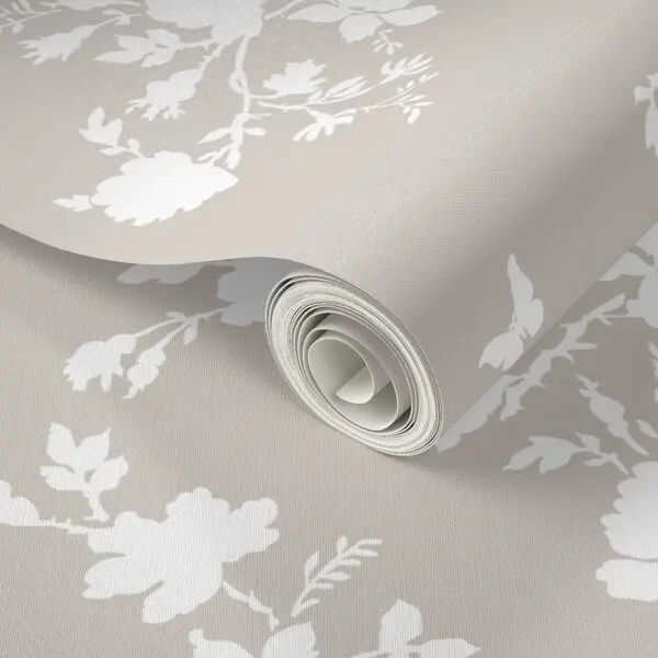Spoonflower Birds Silhouette Taupe Tan Chinoiserie White Custom Removable Wallpaper - Gray,white