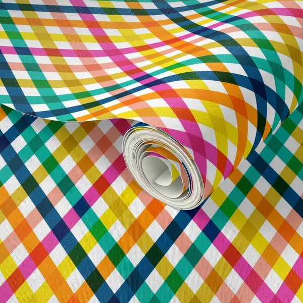 Spoonflower Multi Gingham Plaid Cross Diamonds Stripe Custom Removable Wallpaper - Rainbow