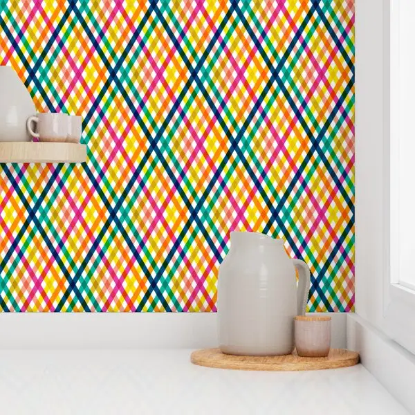 Spoonflower Multi Gingham Plaid Cross Diamonds Stripe Custom Removable Wallpaper