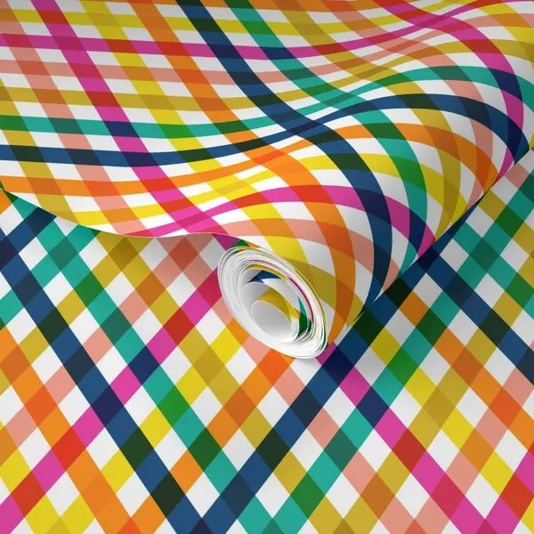 Spoonflower Multi Gingham Plaid Cross Diamonds Stripe Custom Removable Wallpaper - Rainbow