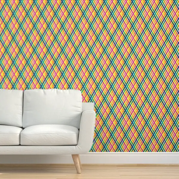 Spoonflower Multi Gingham Plaid Cross Diamonds Stripe Traditional Wallpaper - Rainbow