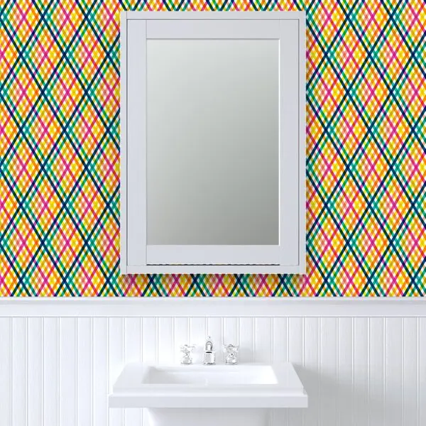 Spoonflower Multi Gingham Plaid Cross Diamonds Stripe Traditional Wallpaper - Rainbow