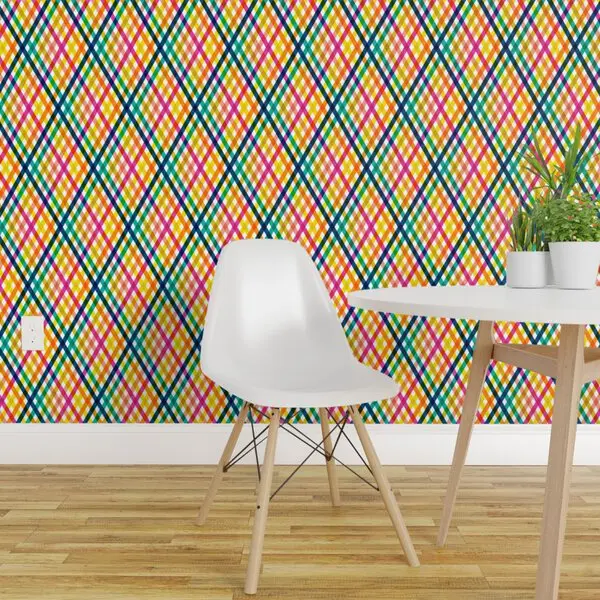 Spoonflower Multi Gingham Plaid Cross Diamonds Stripe Traditional Wallpaper - Rainbow