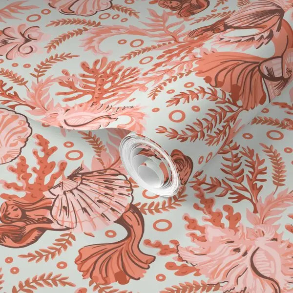 Spoonflower Hidden Mermaids Rococo Custom Pre-pasted Wallpaper - Pink,brown,gray
