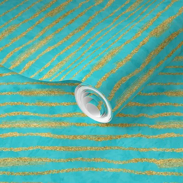Spoonflower Turquoise Blue And Gold Stripes Pinstripes Thin Traditional Wallpaper - Blue,green