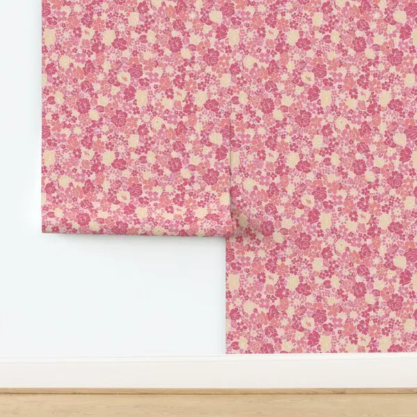 Spoonflower Pink Yellow Red Floral Orange Garden Traditional Wallpaper