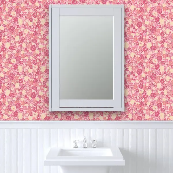 Spoonflower Pink Yellow Red Floral Orange Garden Traditional Wallpaper