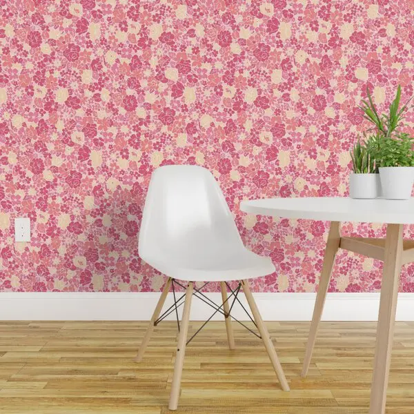 Spoonflower Pink Yellow Red Floral Orange Garden Traditional Wallpaper