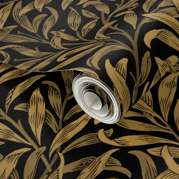 Spoonflower Vines Branches William Morris Leaves Black Gold Traditional Wallpaper - Black,brown,green