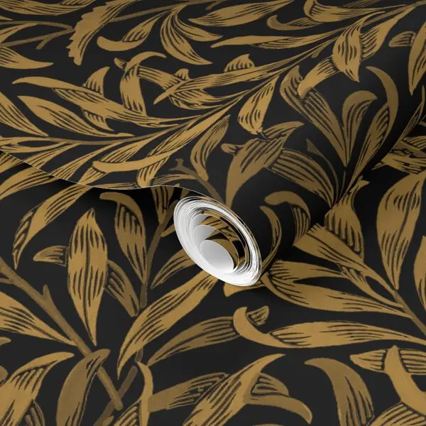 Spoonflower Vines Branches William Morris Leaves Black Gold Custom Removable Wallpaper - Black,brown,green