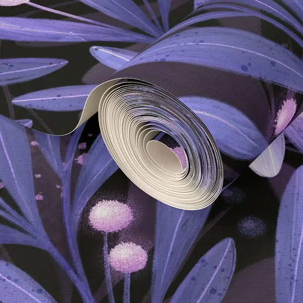 Spoonflower Magical Flowers In Night Garden. Very Peri And 100% Natural Sisal Grasscloth Wallcovering - Purple,violet