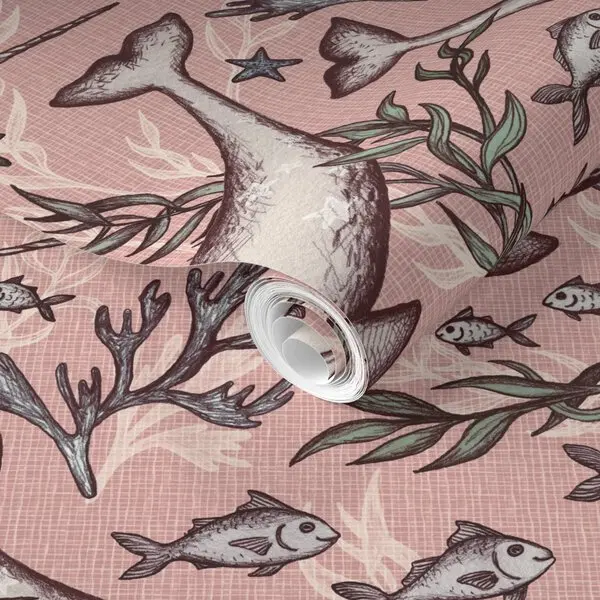 Spoonflower Narwhal Toile Desaturated Pink Custom Pre-pasted Wallpaper - Pink,brown