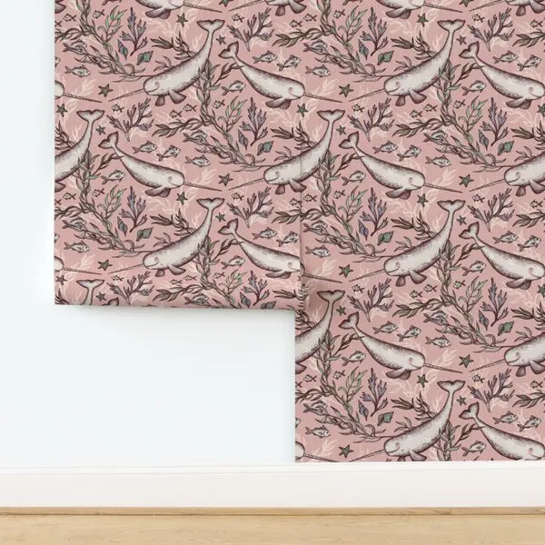 Spoonflower Narwhal Toile Desaturated Pink Custom Pre-pasted Wallpaper