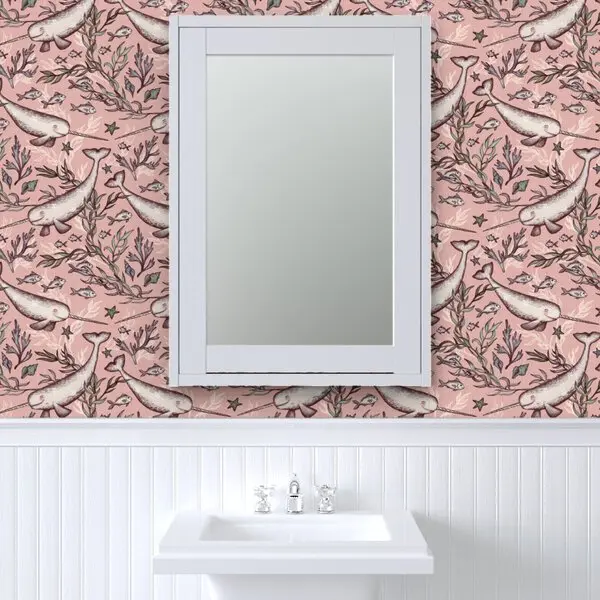 Spoonflower Narwhal Toile Desaturated Pink Custom Pre-pasted Wallpaper