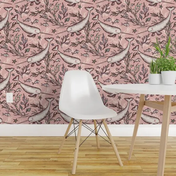Spoonflower Narwhal Toile Desaturated Pink Custom Pre-pasted Wallpaper