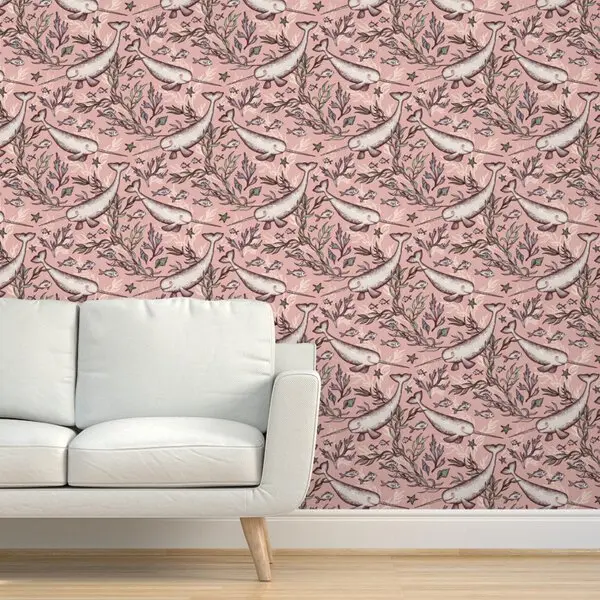 Spoonflower Narwhal Toile Desaturated Pink Custom Pre-pasted Wallpaper