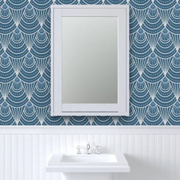 Spoonflower Vintage Blue Retro Geometric Art Deco Beads Custom Pre-pasted Wallpaper - Blue,gray