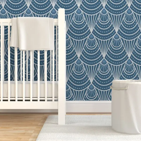 Spoonflower Vintage Blue Retro Geometric Art Deco Beads Custom Pre-pasted Wallpaper - Blue,gray